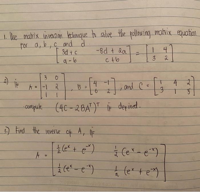 Solved 1. Use matix inversion lechnque to solve the | Chegg.com