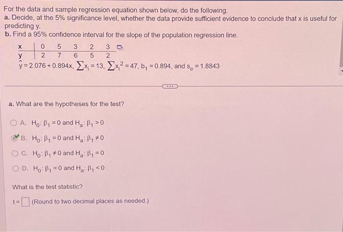 Solved For the data and sample regression equation shown | Chegg.com
