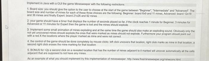 Solved Implement in Java with a GUI the game Minesweeper | Chegg.com