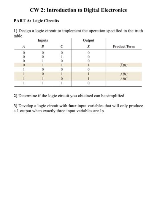 Solved CW 2: Introduction to Digital Electronics PART A: | Chegg.com