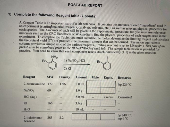 Solved POST-LAB REPORT 1) Complete the following Reagent | Chegg.com