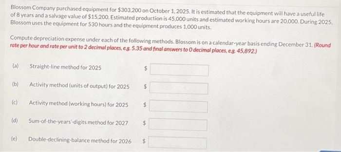 Solved Blossom Company purchased equipment for $303,200 on | Chegg.com