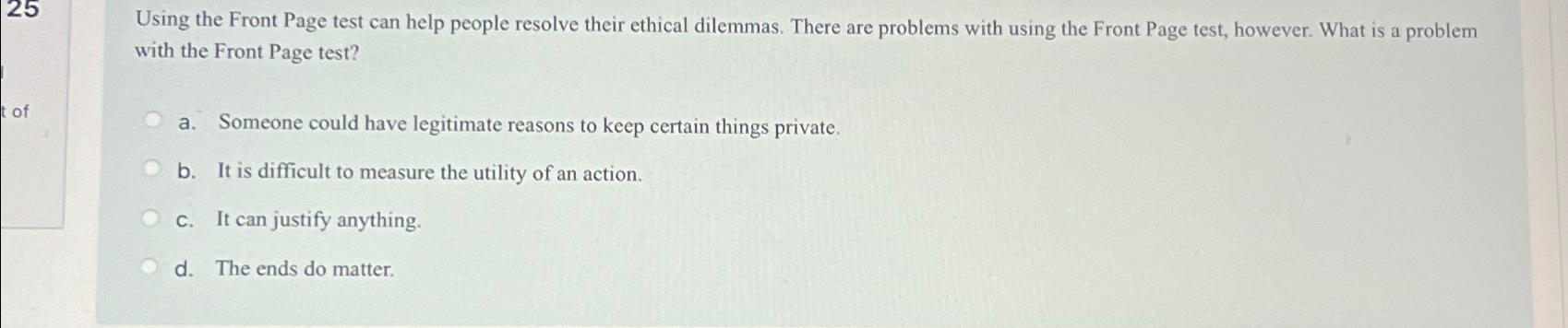 Solved Using the Front Page test can help people resolve | Chegg.com