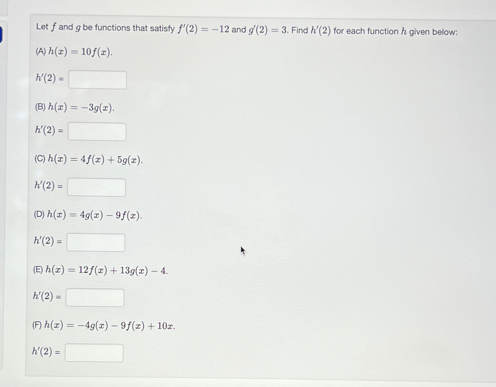 Solved Let f ﻿and g ﻿be functions that satisfy f'(2)=-12 | Chegg.com