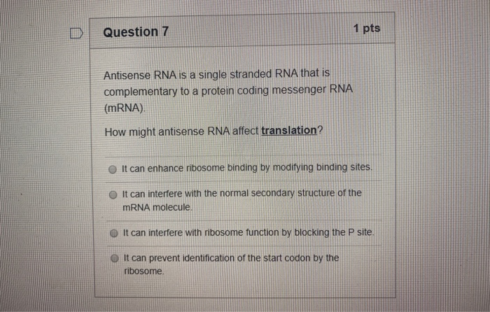 Solved Question 7 1 pts Antisense RNA is a single stranded | Chegg.com