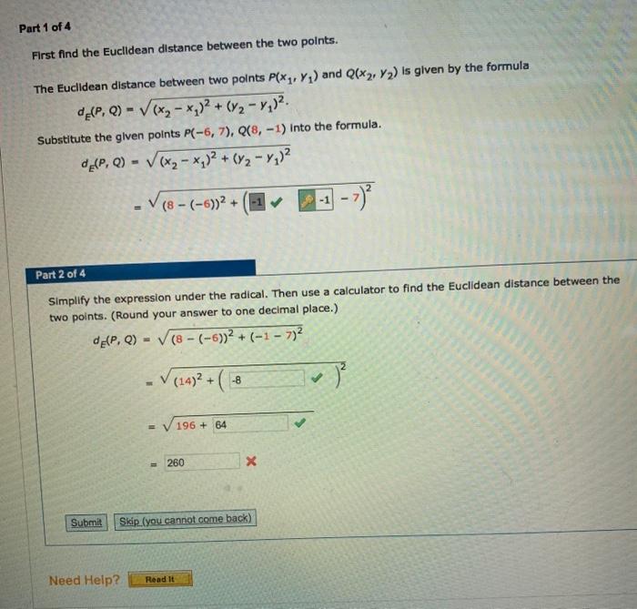 Solved Part 1 of 4 First find the Euclidean distance between | Chegg.com