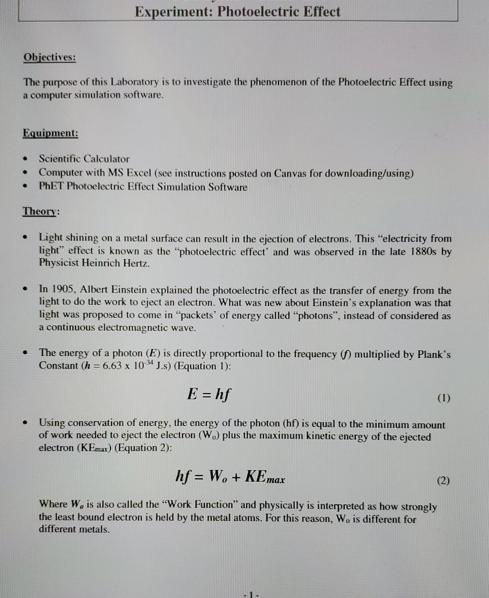 Solved Experiment: Photoelectric Effect Objectives: The | Chegg.com