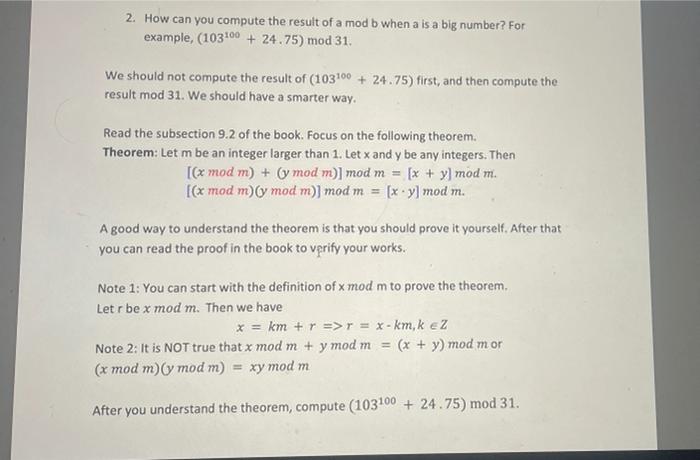 Solved 2. How can you compute the result of a mod b when a | Chegg.com