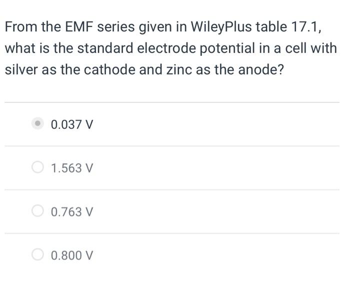 Solved From the EMF series given in WileyPlus table 17.1, | Chegg.com