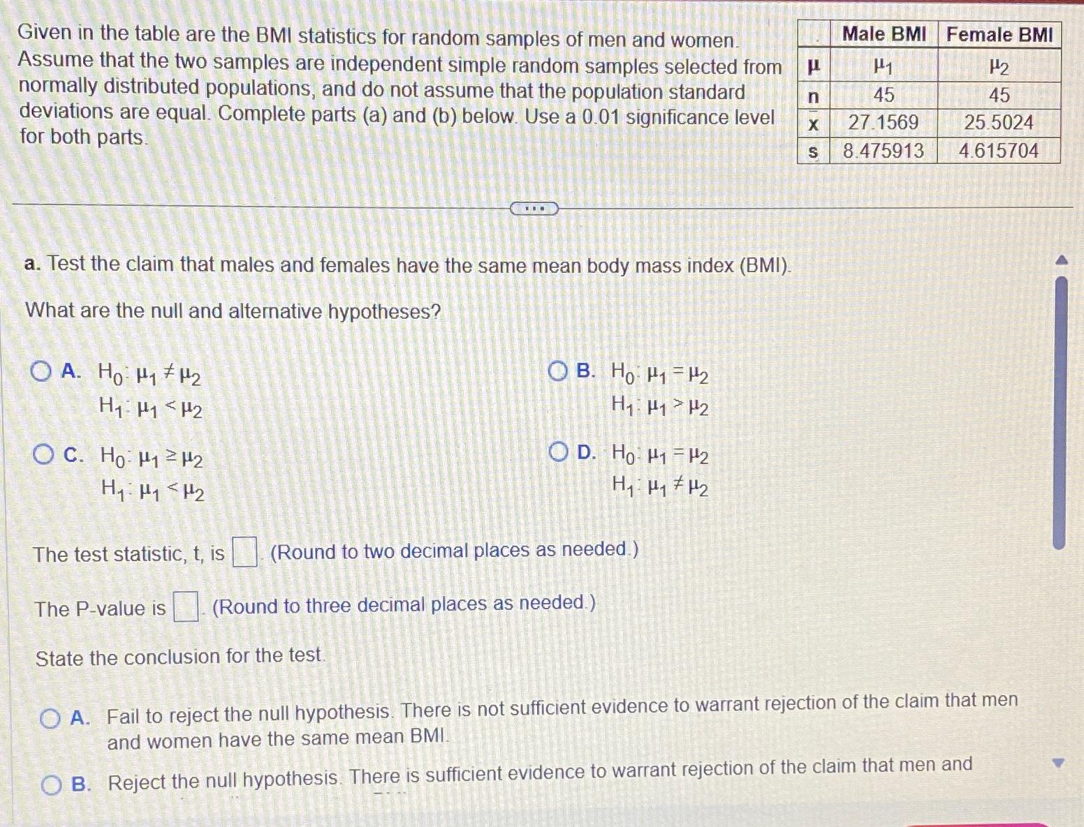 Solved Given in the table are the BMI statistics for random | Chegg.com