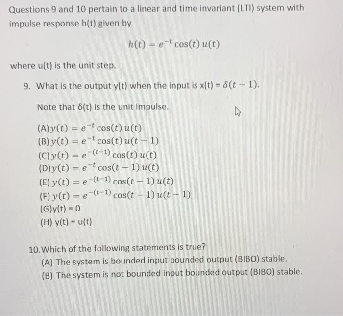 Solved Questions 9 and 10 pertain to a linear and time | Chegg.com