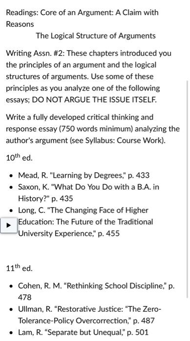 Readings: Core of an Argument: A Claim with Reasons | Chegg.com