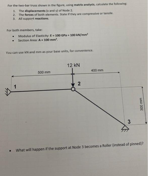 Solved For The Two Bar Truss Shown In The Figure Using