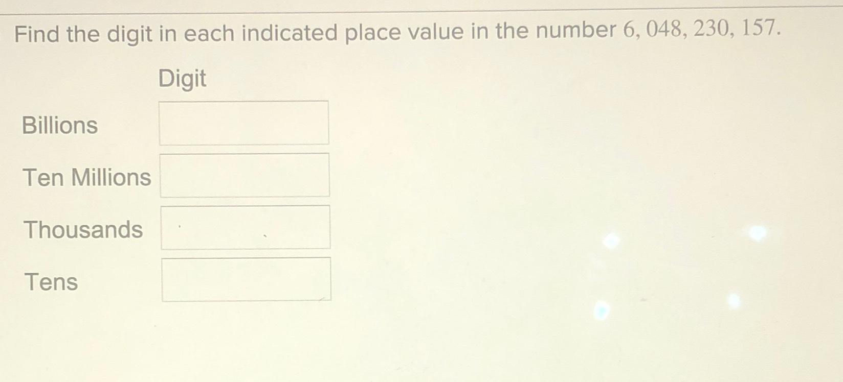 Solved Find the digit in each indicated place value in the | Chegg.com