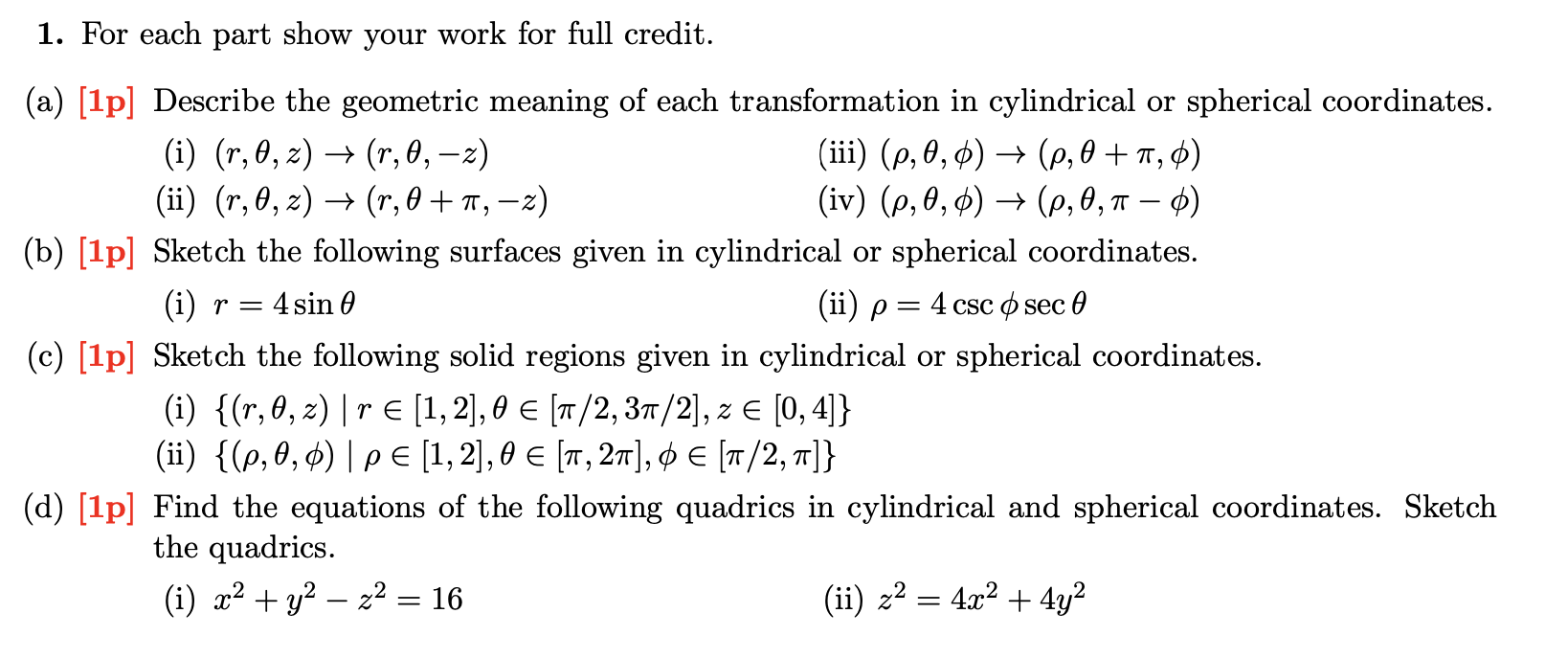 Solved For each part show your work for full credit.(a) [1p] | Chegg.com