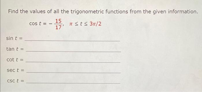 Solved Find the values of all the trigonometric functions | Chegg.com