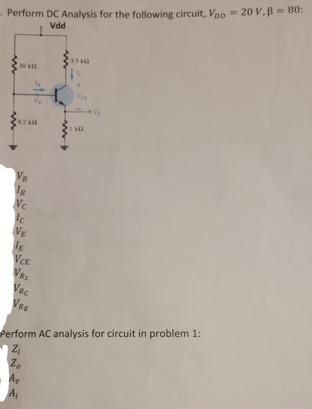 -vE1kΩPerform DC Analysis for the following circuit, | Chegg.com