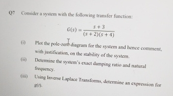 Solved Q7 ﻿Consider a system with the following transfer | Chegg.com