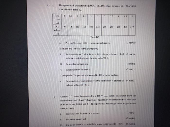 Solved B2.a. The open circuit characteristic (O.C.C.) of a | Chegg.com