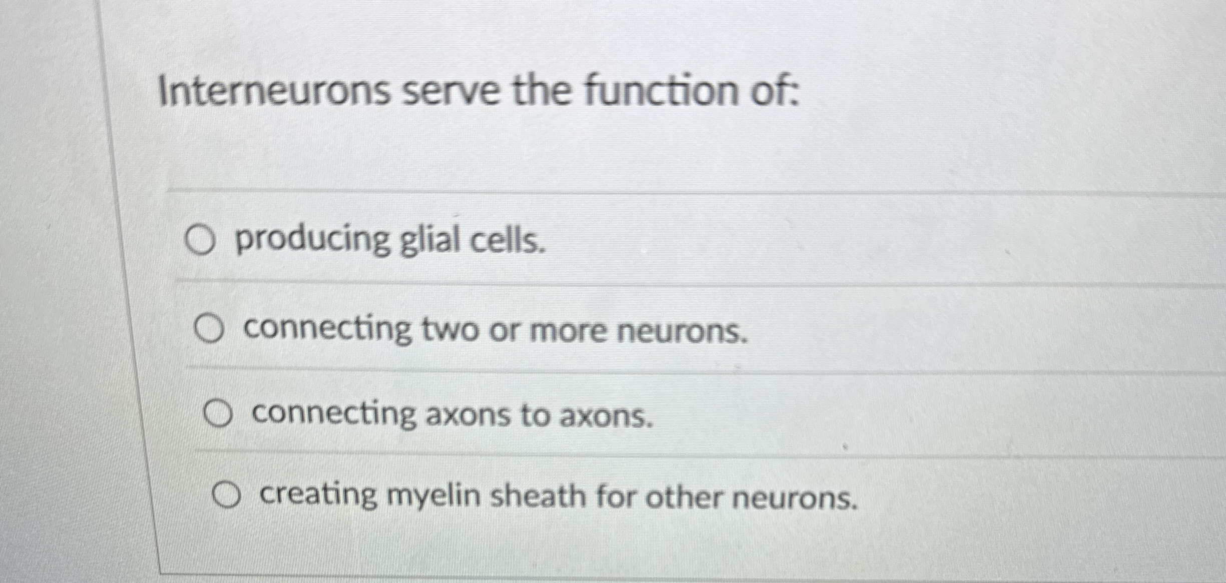 Interneurons serve the function of:producing glial | Chegg.com