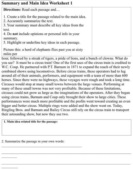 Summary and Main Idea Worksheet 1 Directions: Read | Chegg.com