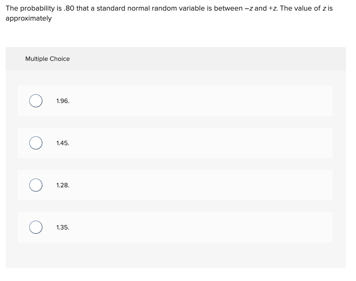 Solved The probability is .80 ﻿that a standard normal random | Chegg.com