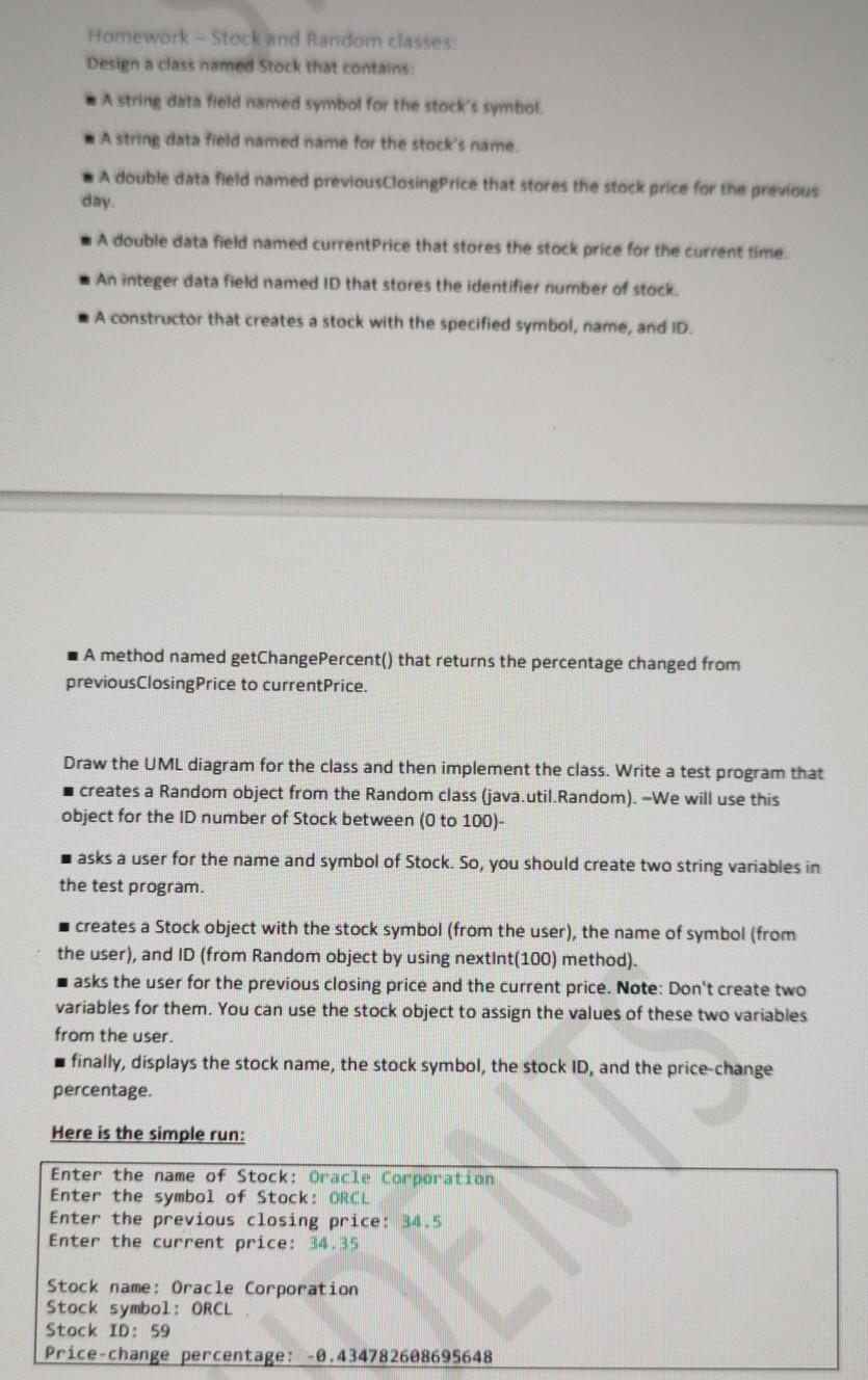 Solved Homework - Stock and Random classes Design a class | Chegg.com