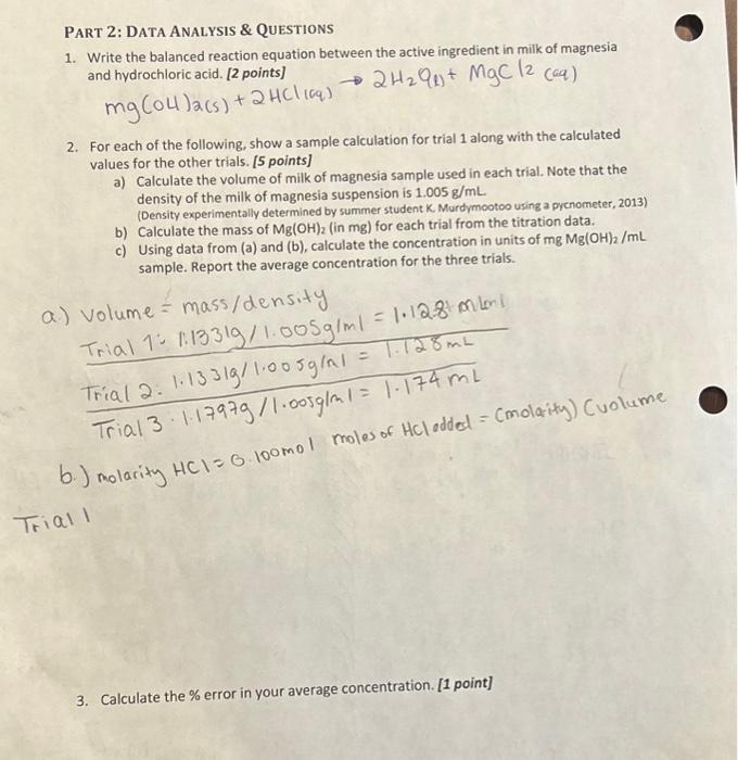 Solved main question: how to calculate mass of Mg(OH)2 in mg | Chegg.com