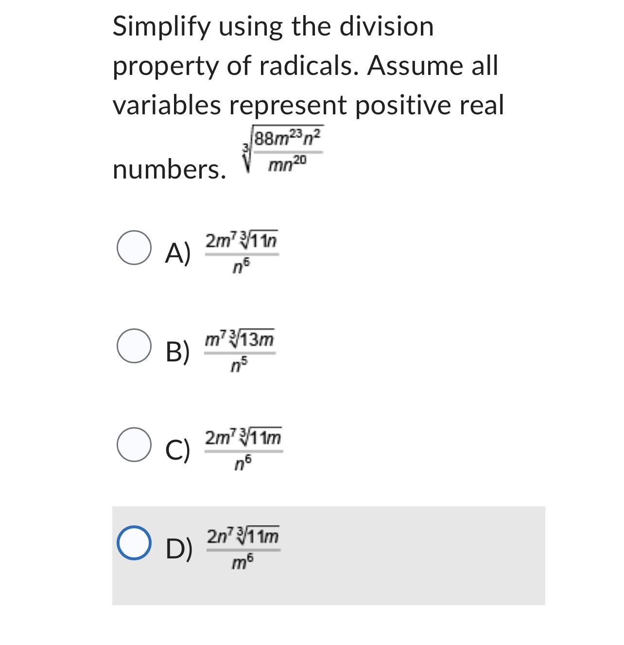 Solved Simplify using the division property of radicals. | Chegg.com