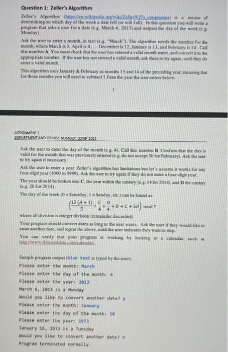 Solved Question 1: Zeller's Algorithm Zeller's Algorithms | Chegg.com