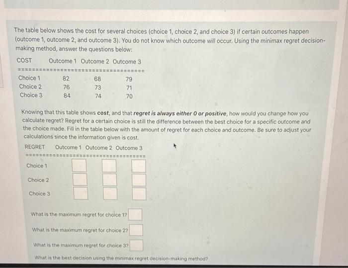 Solved The table below shows the cost for several choices | Chegg.com