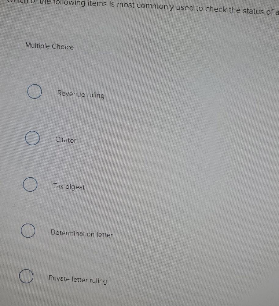 Solved Multiple ChoiceRevenue rulingCitatorTax | Chegg.com