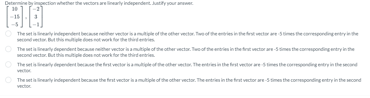 Solved Determine by inspection whether the vectors are | Chegg.com