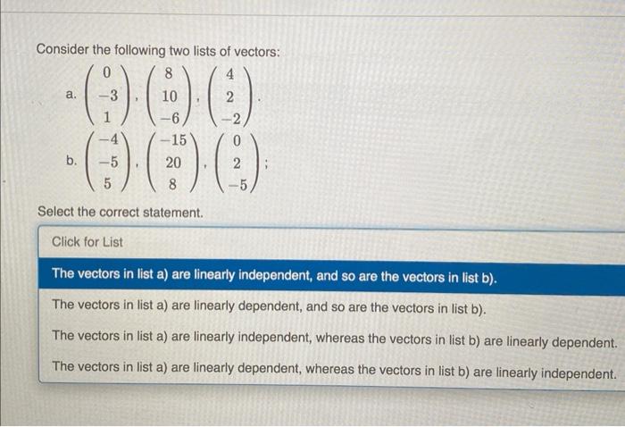 Solved Consider the following two lists of vectors: a. | Chegg.com