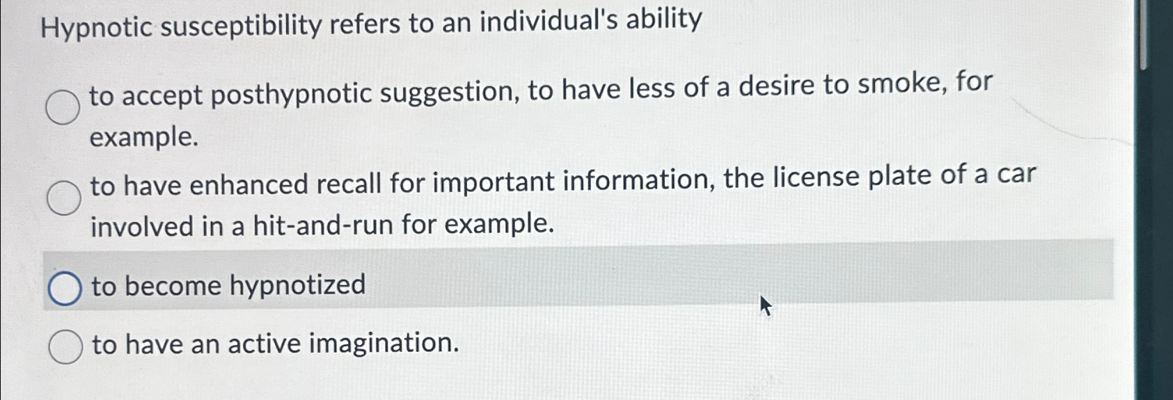 Solved Hypnotic susceptibility refers to an individual's | Chegg.com