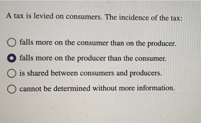 Solved A tax is levied on consumers. The incidence of the | Chegg.com