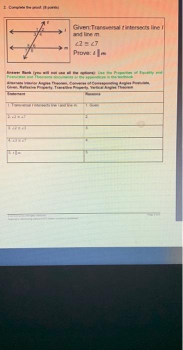 Solved 2 Compiele the prool, (t) pointa) Given:Transversal t | Chegg.com