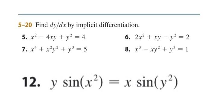 Solved 5-20 Find dy/dx by implicit differentiation. 5. x2 – | Chegg.com