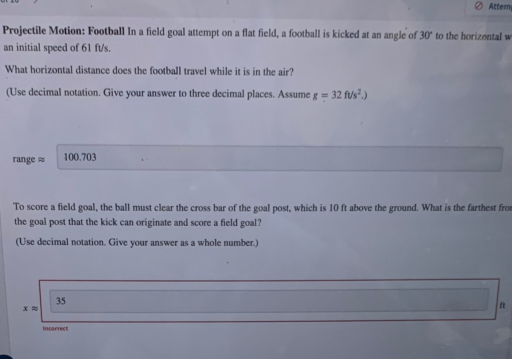 Solved Projectile Motion: Football In a field goal attempt | Chegg.com