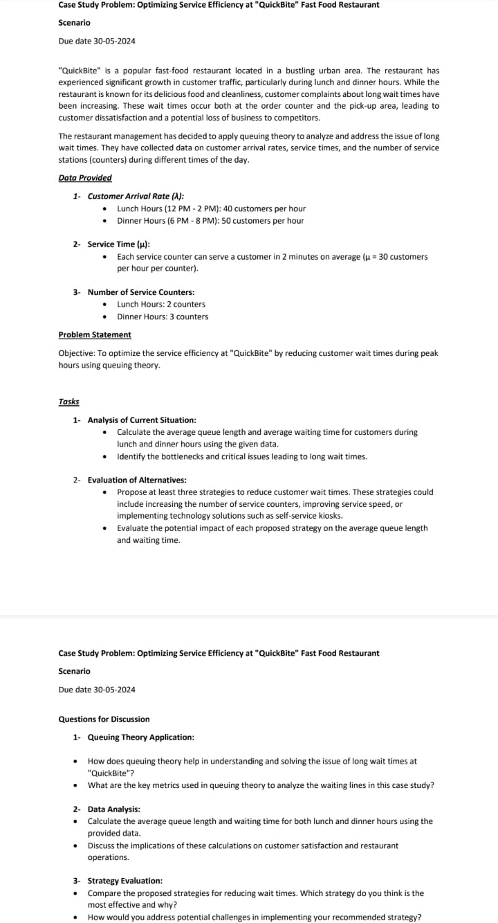 Solved Case Study Problem: Optimizing Service Efficiency at | Chegg.com