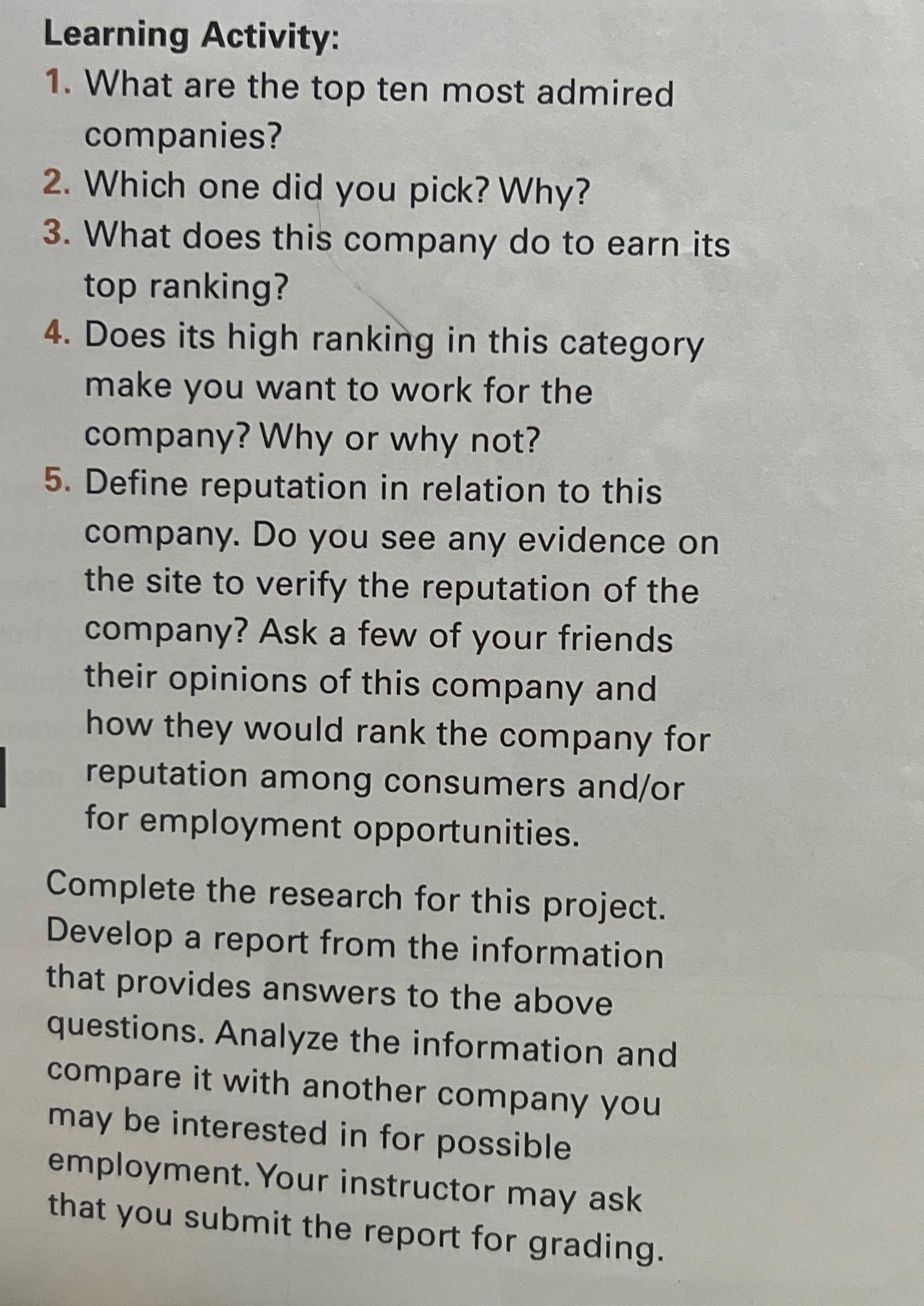 Solved Learning Activity:What are the top ten most admired | Chegg.com