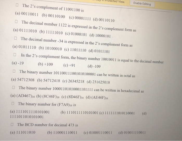 Solved ected View Enable Editing The 2's complement of | Chegg.com