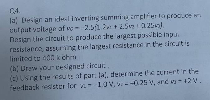 Solved Q4. (a) Design an ideal inverting summing amplifier | Chegg.com