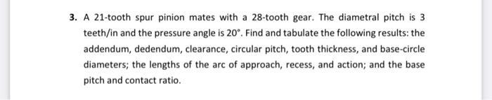 Solved 3. A 21-tooth spur pinion mates with a 28-tooth gear. | Chegg.com
