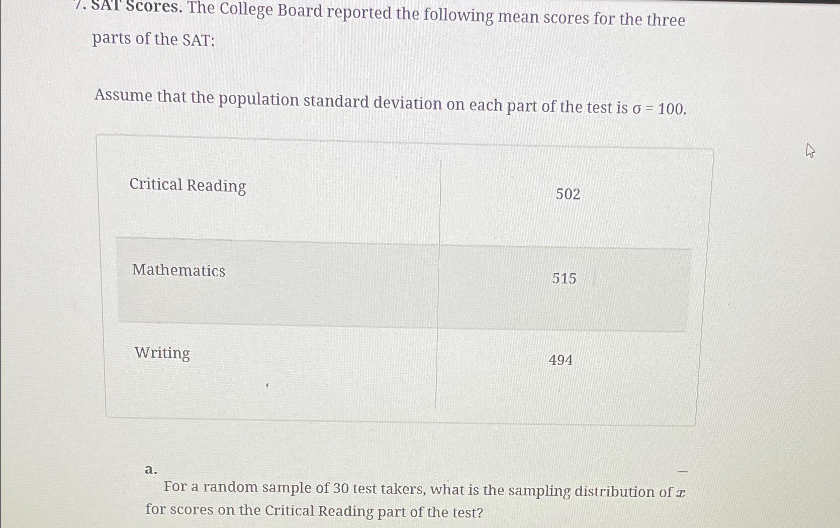 Solved SAT Scores. The College Board reported the following | Chegg.com