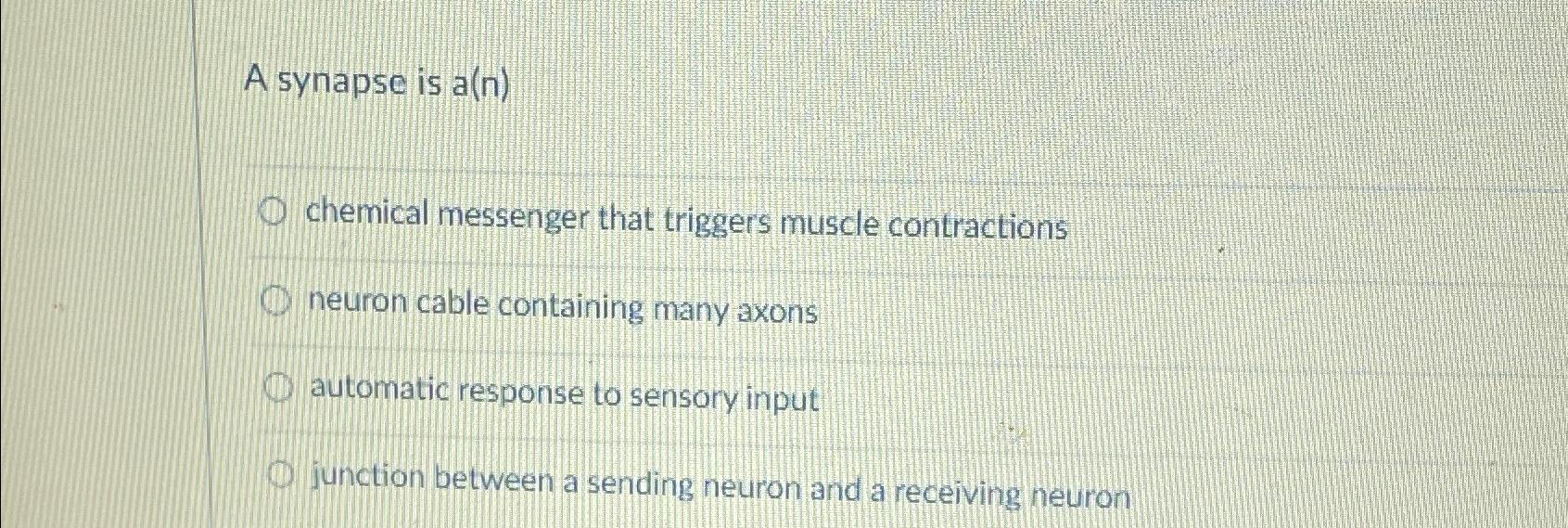 Solved A synapse is a(n)chemical messenger that triggers | Chegg.com