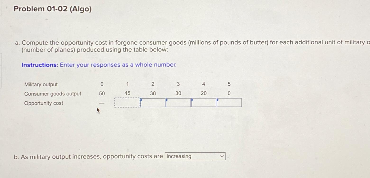 Solved Problem 01-02 (Algo)a. ﻿Compute the opportunity cost | Chegg.com
