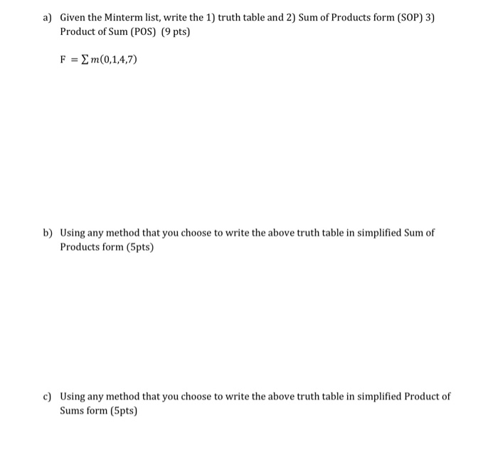 Solved a) Given the Minterm list, write the 1) truth table | Chegg.com