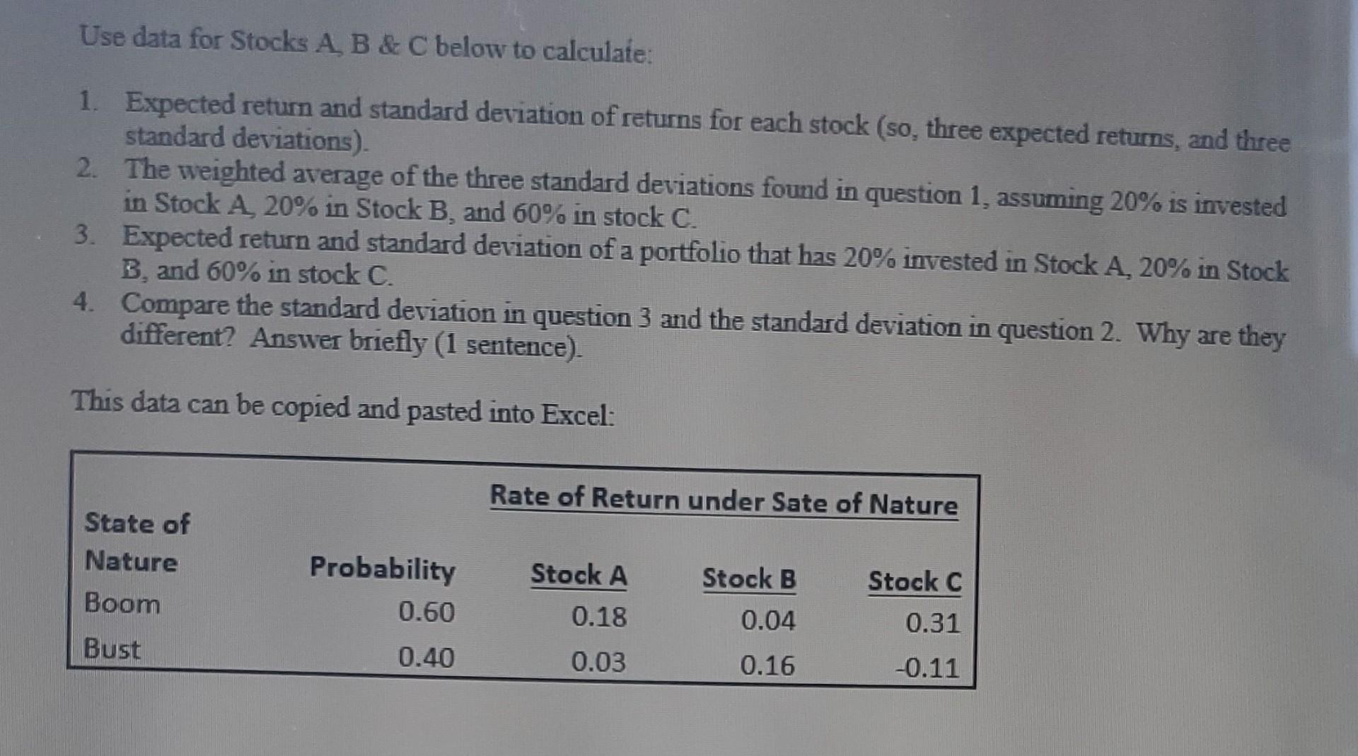 Solved Use data for Stocks A, B \& C below to calculate: 1. | Chegg.com