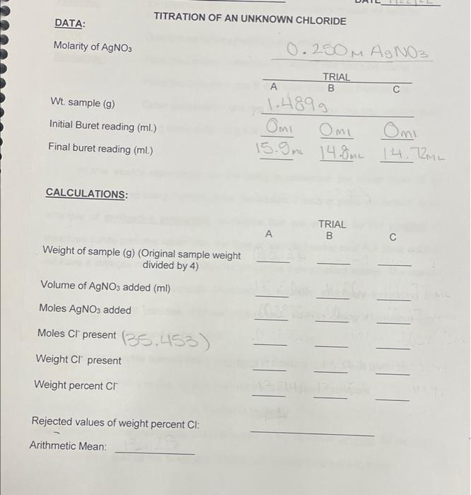 Solved TITRATION OF AN UNKNOWN CHLORIDE DATA: Molarity of | Chegg.com
